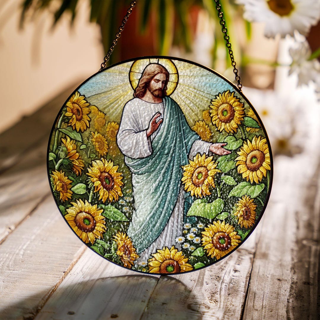 Jesus Come GLASS Decor, Jesus Among Sunflower Garden Decor, Christian ...