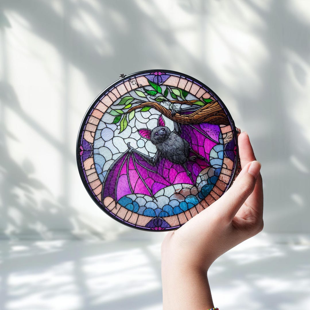 Bat in Full Moon Night STAIN GLASS Decor, Bat Halloween Decor, Bat ...