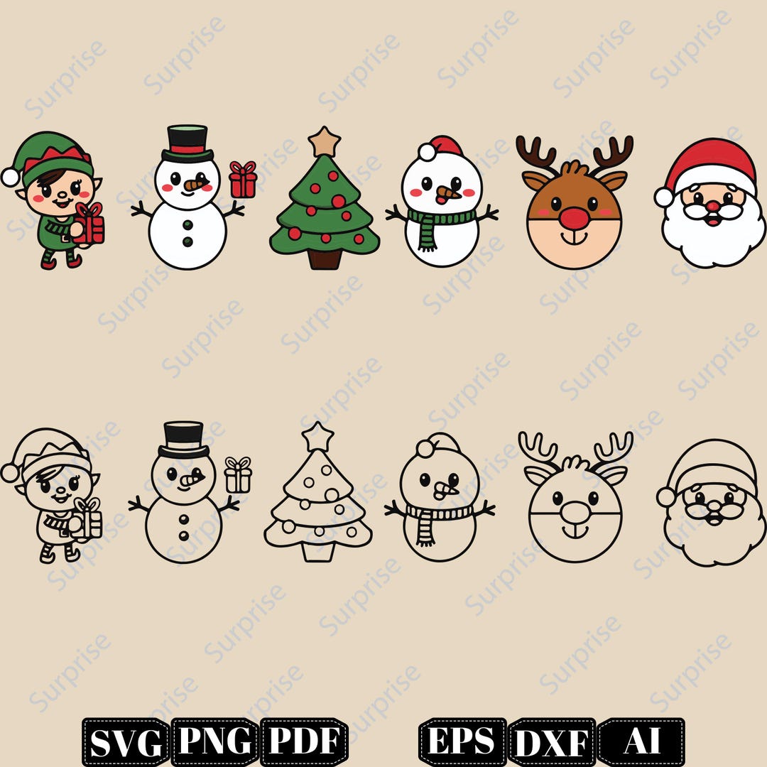 Christmas SVG Santa, Snowman, Elf, Reindeer Minimalist Holiday Clipart ...