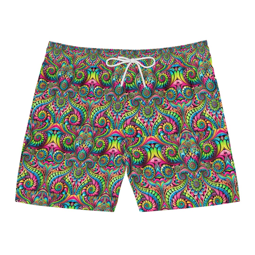 Men's Mid-length Swim Shorts, Men's Swim Trunks, Neon Mosaic Swimwear ...