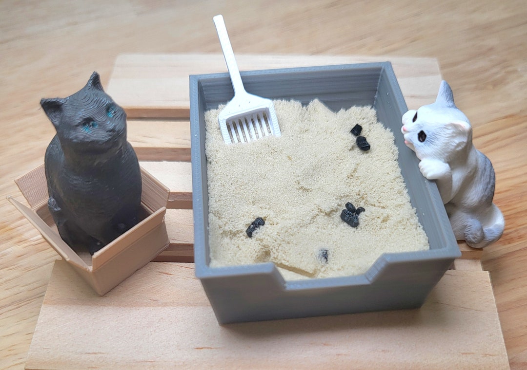 Miniature Cat and 3D Printed Litter Box, Scoop, Cat Poop, Sand, Black ...