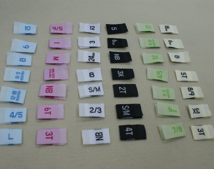 100 Premium Woven Label Size Tag Combo 2T, 3T, 4T, 5, 6, 7, 0-3 M, 0-6 ...