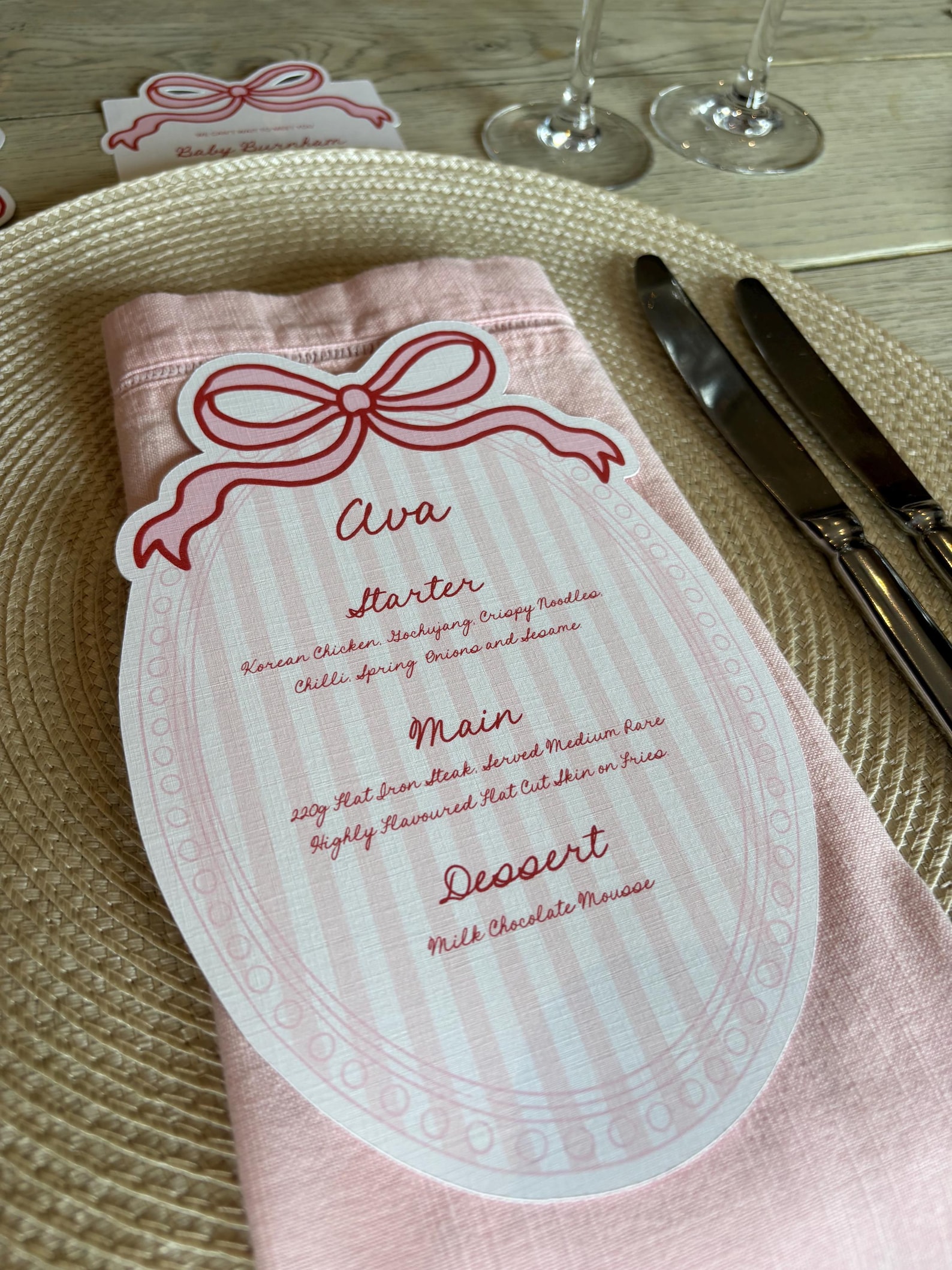 Bow Menu, Pink Menu, Wedding Menu, Baby Shower Menu, Bridal Shower Menu ...