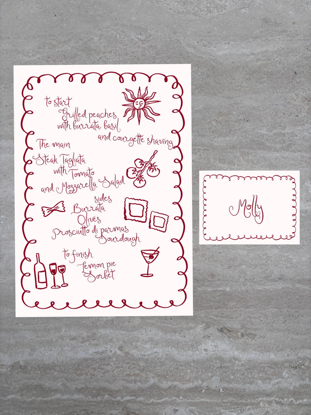 Italian Theme Menu and Name Card, Illustration Menu, Whimsical Design ...