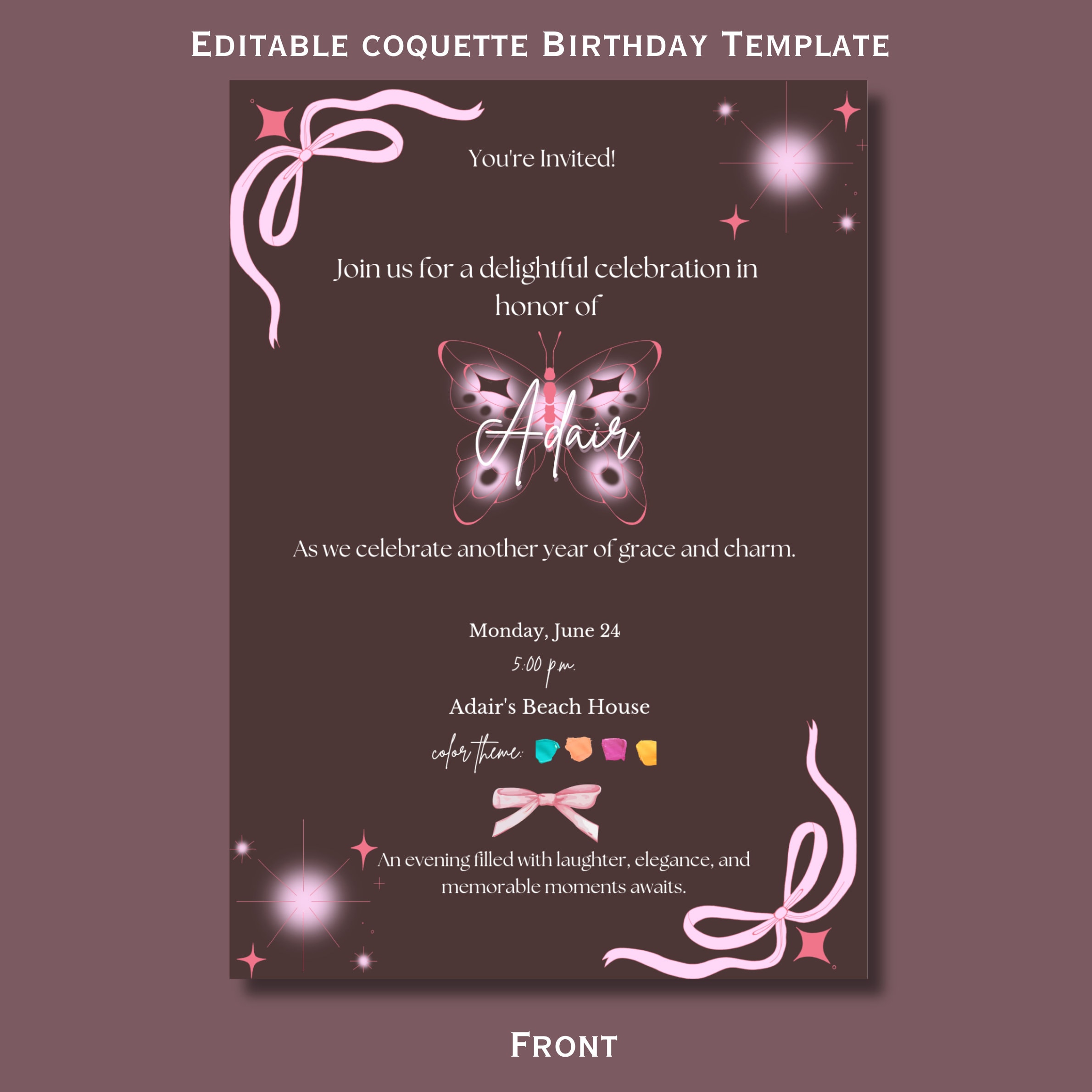 Editable Coquette Birthday Invitation Template Elegant Party Invite ...