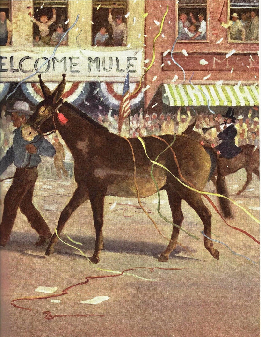 Vintage 1950s Horse Art Print, Long Eared Mule, Old West Town Parade ...