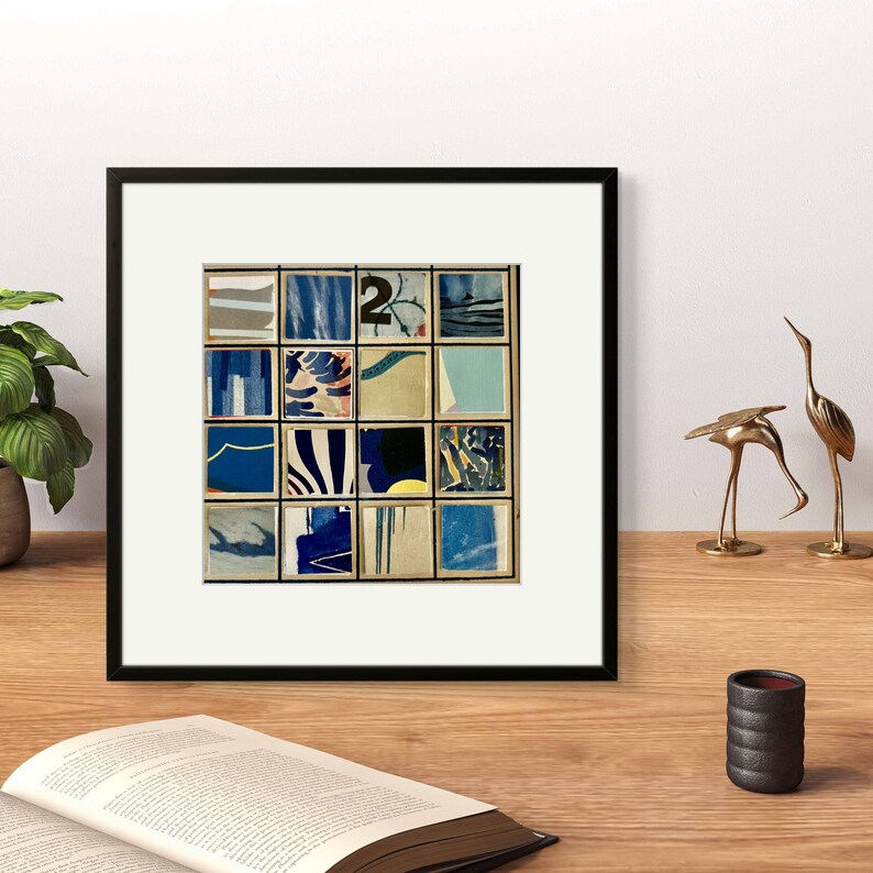 2 Blue-original Collage Created With Cut and Layered Papers, Postcards ...