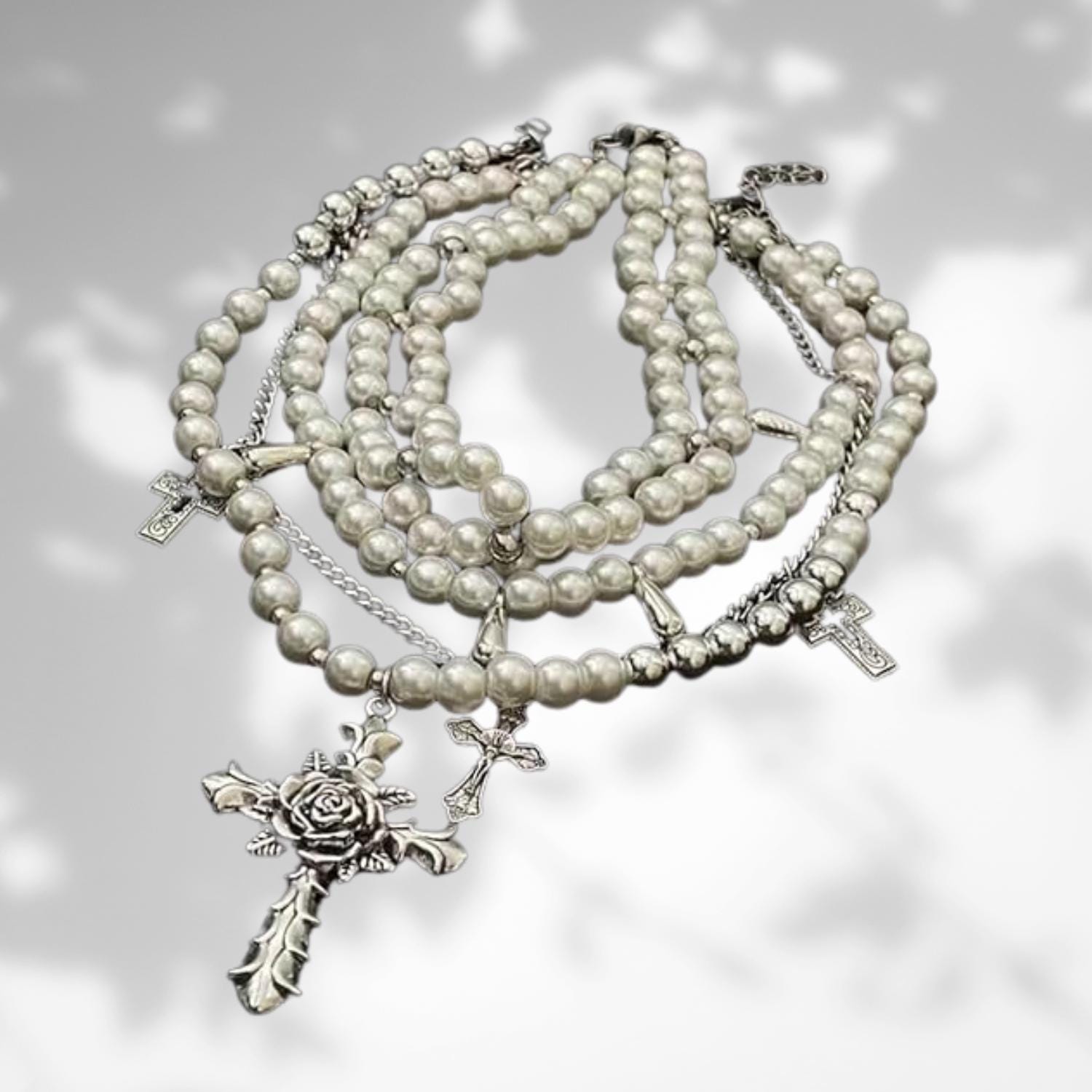 Layered Gothic Faux Pearl Necklace Set With Cross Pendant Vintage Emo ...