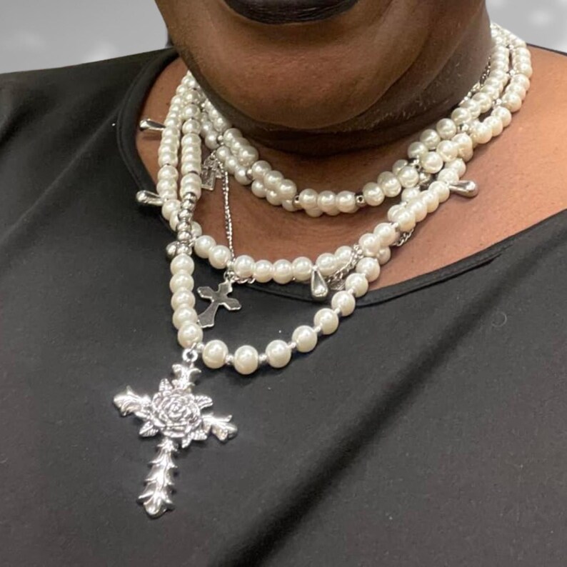 Layered Gothic Faux Pearl Necklace Set With Cross Pendant Vintage Emo ...