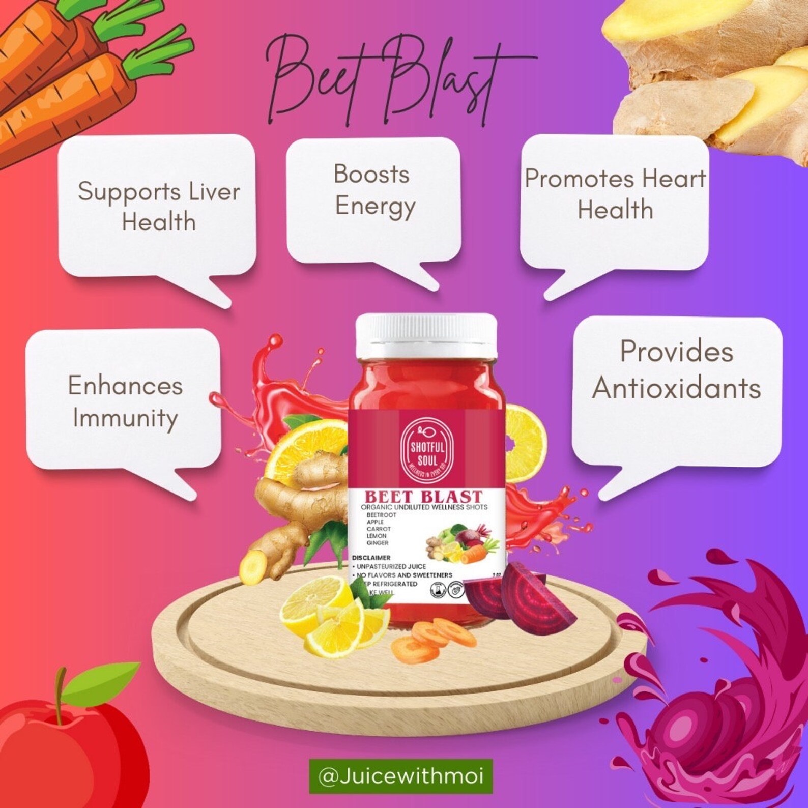 Beet Blast - Beetroot, Apple, Carrot, Lemon, Ginger, Organic Undiluted Shots - Unpasteurized ...