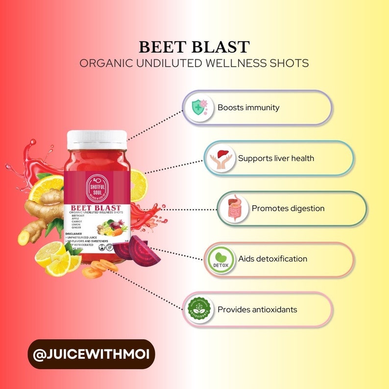 Beet Blast - Beetroot, Apple, Carrot, Lemon, Ginger, Organic Undiluted Shots - Unpasteurized ...