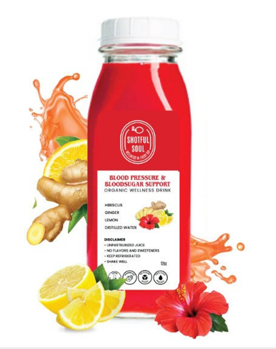Organic Wellness Drink - Hibiscus, Ginger, Lemon, Water - Organic Shots - Unpasteurized Juice ...