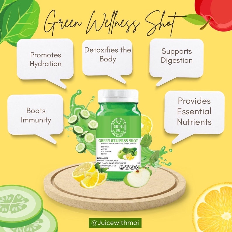 Green Wellness Shot - Spinach, Apples, Cucumber, Lemon - Organic ...