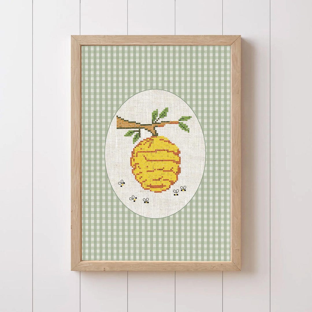 Cross Stitch Bee Hive Embroidery Print: Vintage Oval Frame on Sage ...
