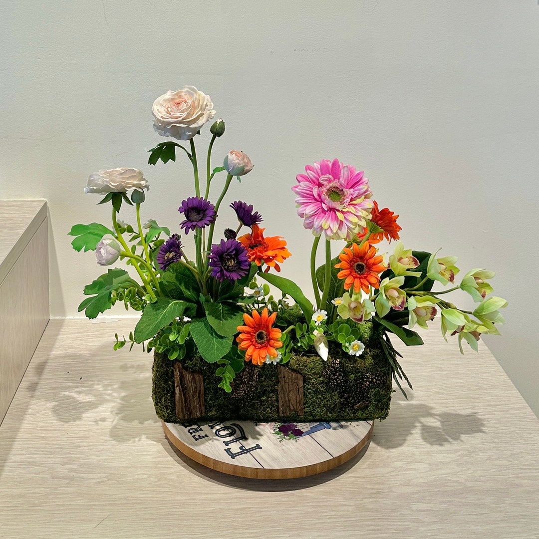 Faux Gerber Daisy Planter Preserved Moss Decor Modern Artificial Plant ...