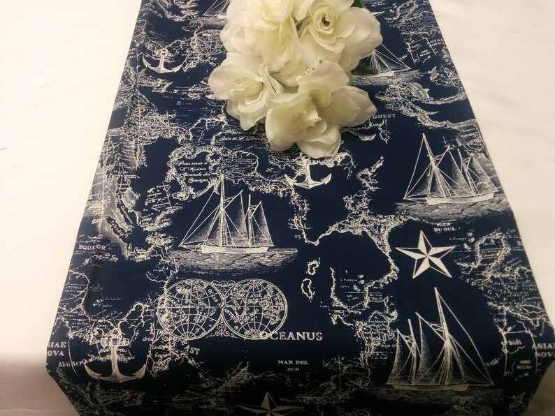 NAVY NAUTICAL MAPS Table Runner or Napkin or Placemat, Blue Runner ...