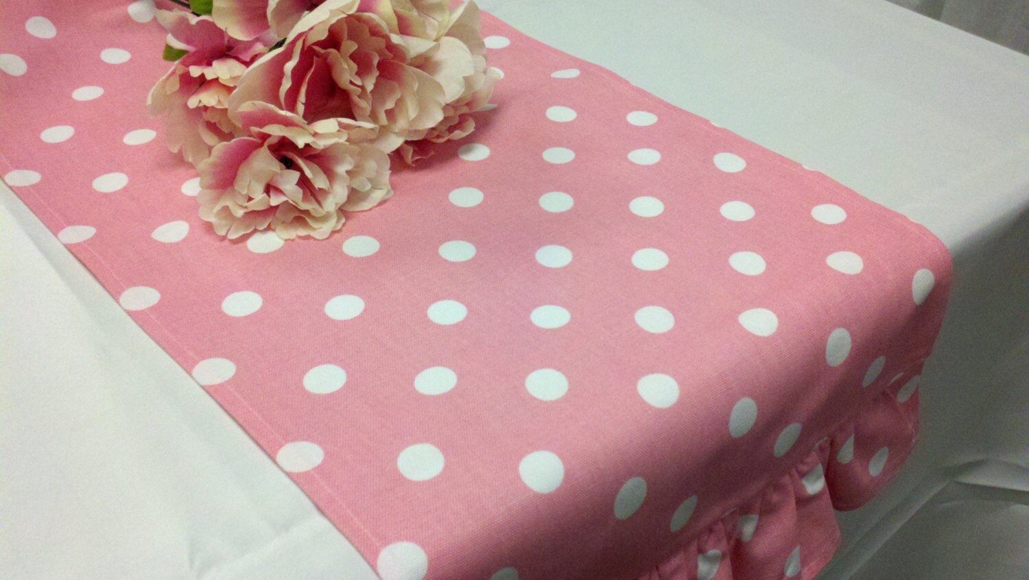 PINK POLKA DOT Ruffled Table Runner Medium Polka Dots White - Etsy