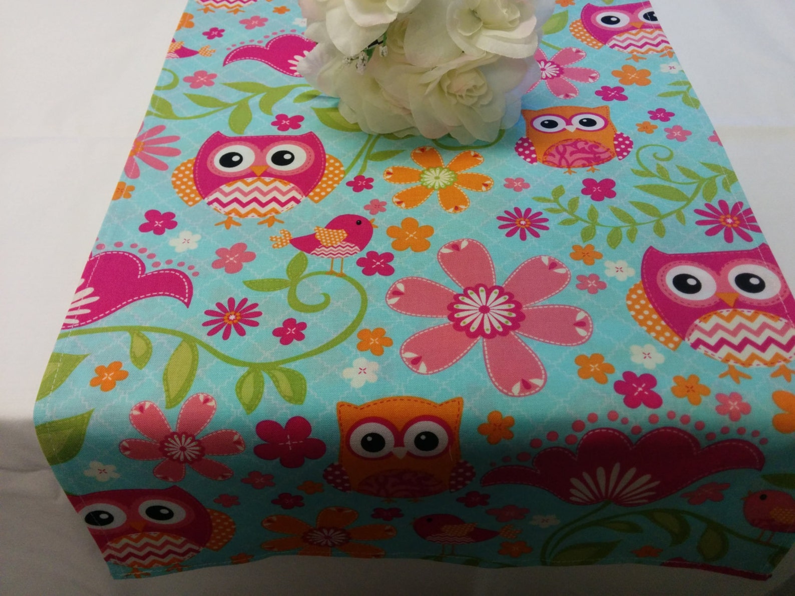 OWLS TABLE RUNNER Choose Size Runner Blue Hot Pink and Orange - Etsy
