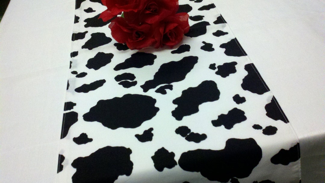 COW PRINT LINENS Fabric, Table Runner, Napkins, Tablecloth, Black and ...