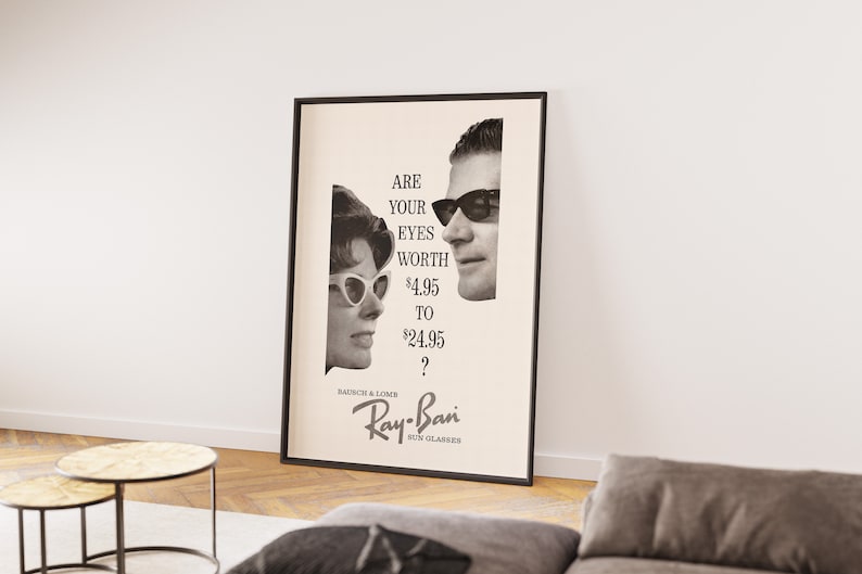 Ray Ban Advertising Poster, 60's Style Print, Ad Wall Art, Vintage ...