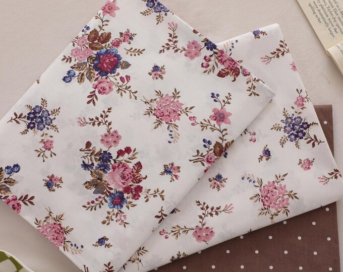 6143 - Cottage Chic Blue Ribbon Rose Flower Floral Poplin Cotton Fabric ...