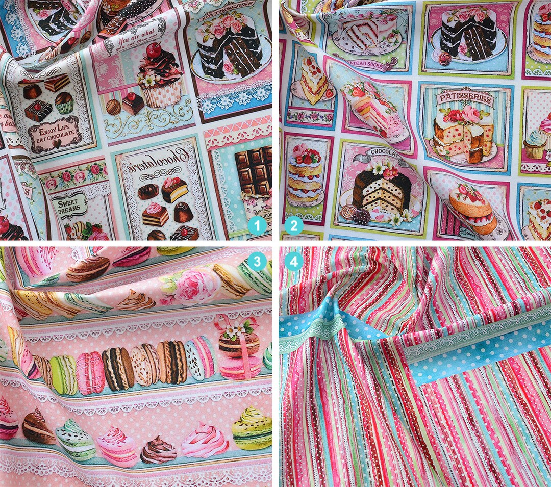 6006 - Sweet Desserts Cake Macaroon Chocolate Patisserie Cotton Fabric ...
