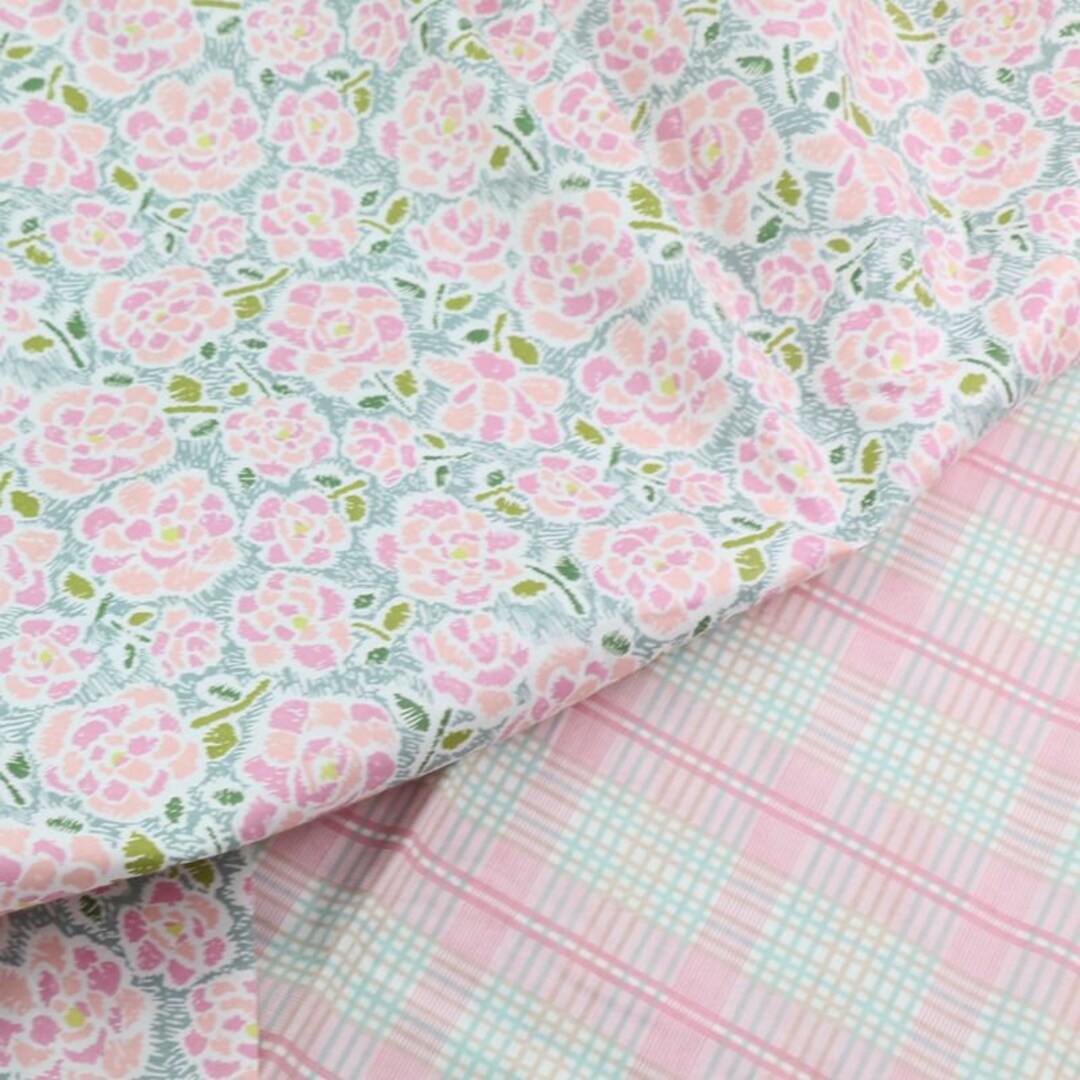 5593 Chic Floral & Pink Gingham Cotton Fabric DIY Bedding Bed Sheet ...