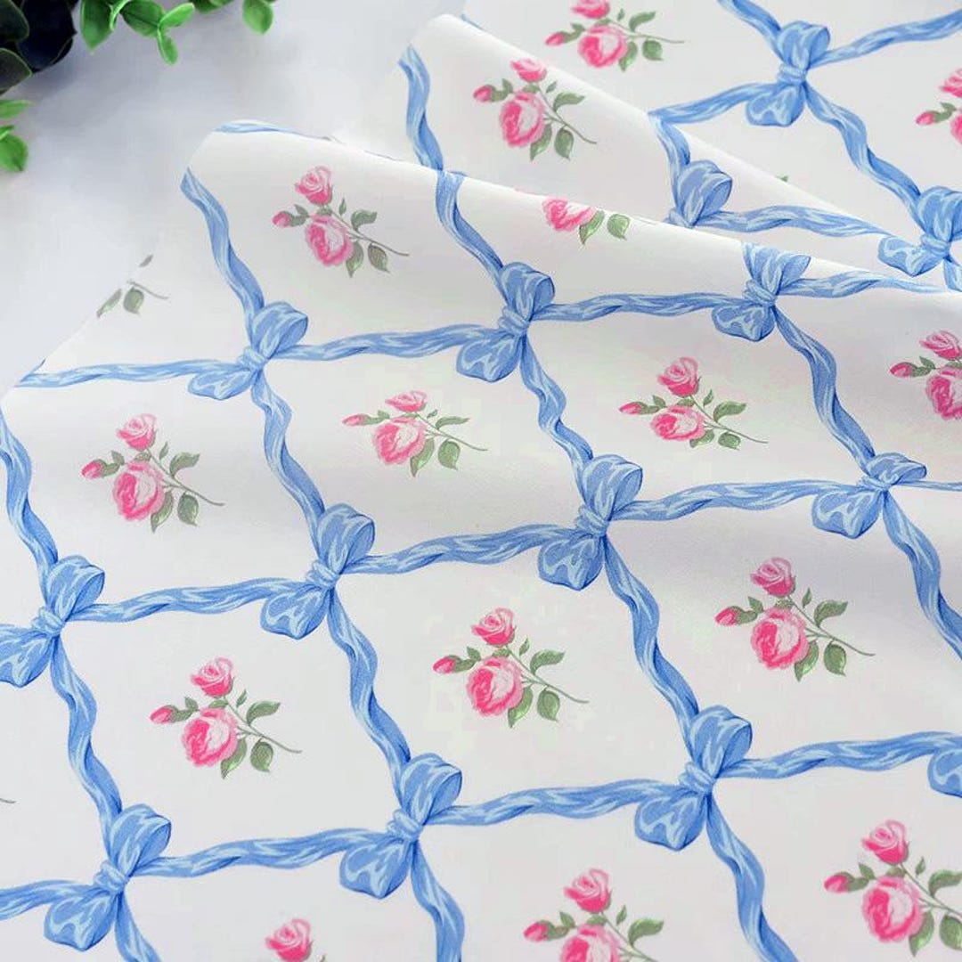 6143 - Cottage Chic Blue Ribbon Rose Flower Floral Poplin Cotton Fabric ...
