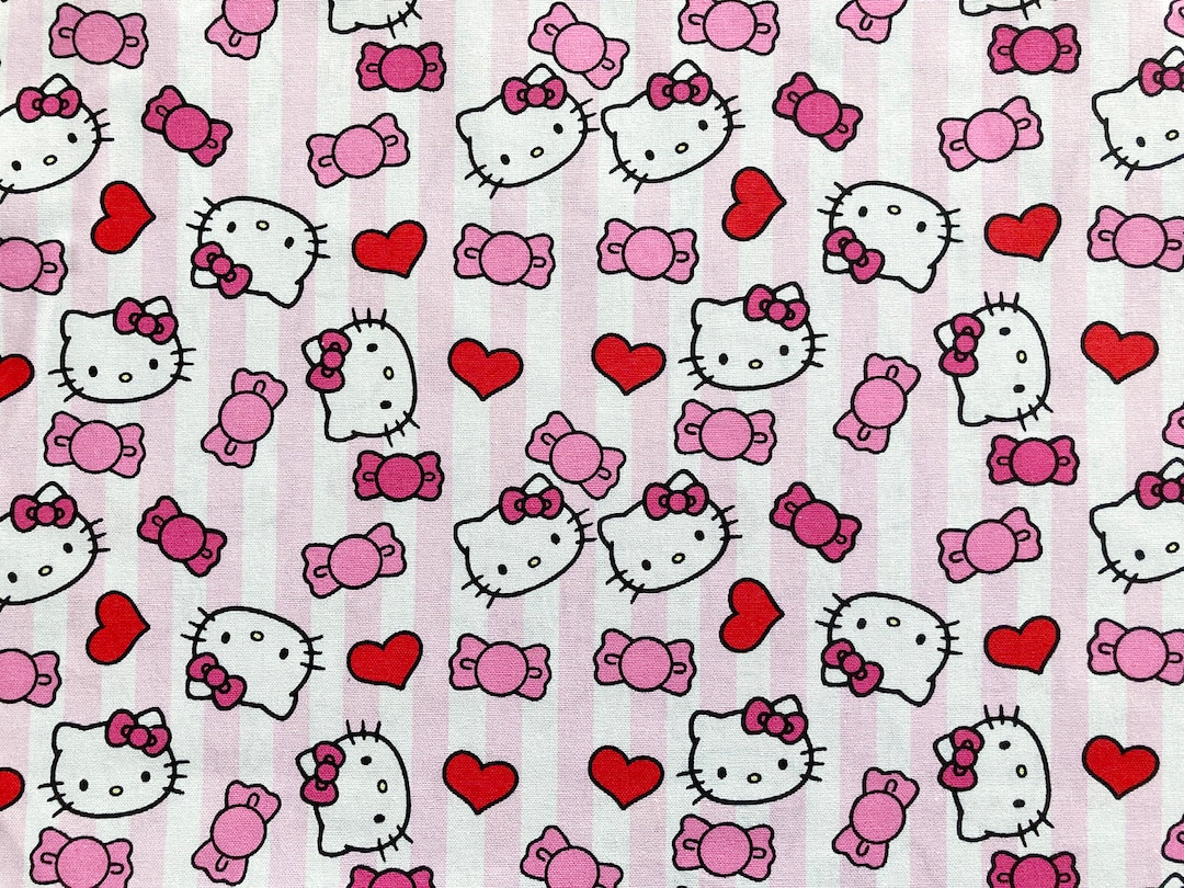 5248 - Hello Kitty Heart Candy Stripe Cotton Fabric - 43 Inch (width) X ...