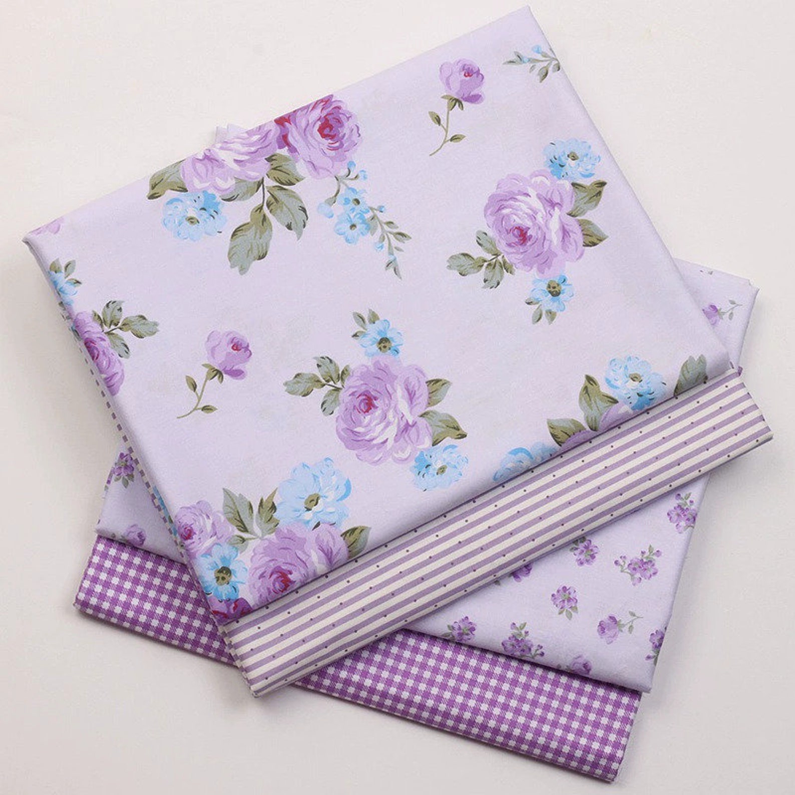 5660 - Cottage Chic Purple Peony Rose Floral & Stripe Gingham Cotton ...