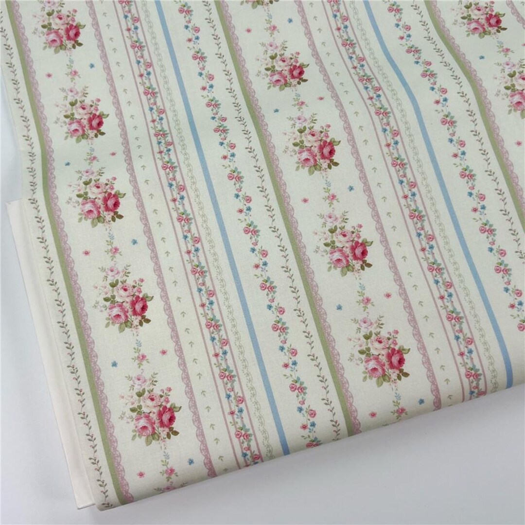 5908 - Cottage Chic Rose Flower Floral Lace Vertical Stripe Cotton ...
