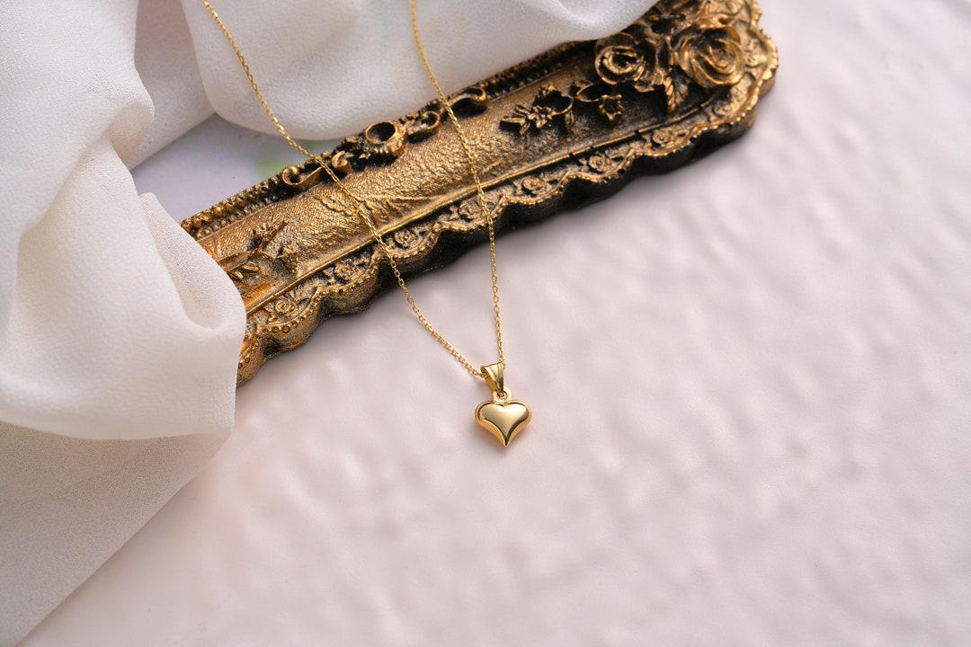 Heart Necklace, 14K Real Gold Heart Necklace, Dainty Initial Heart ...