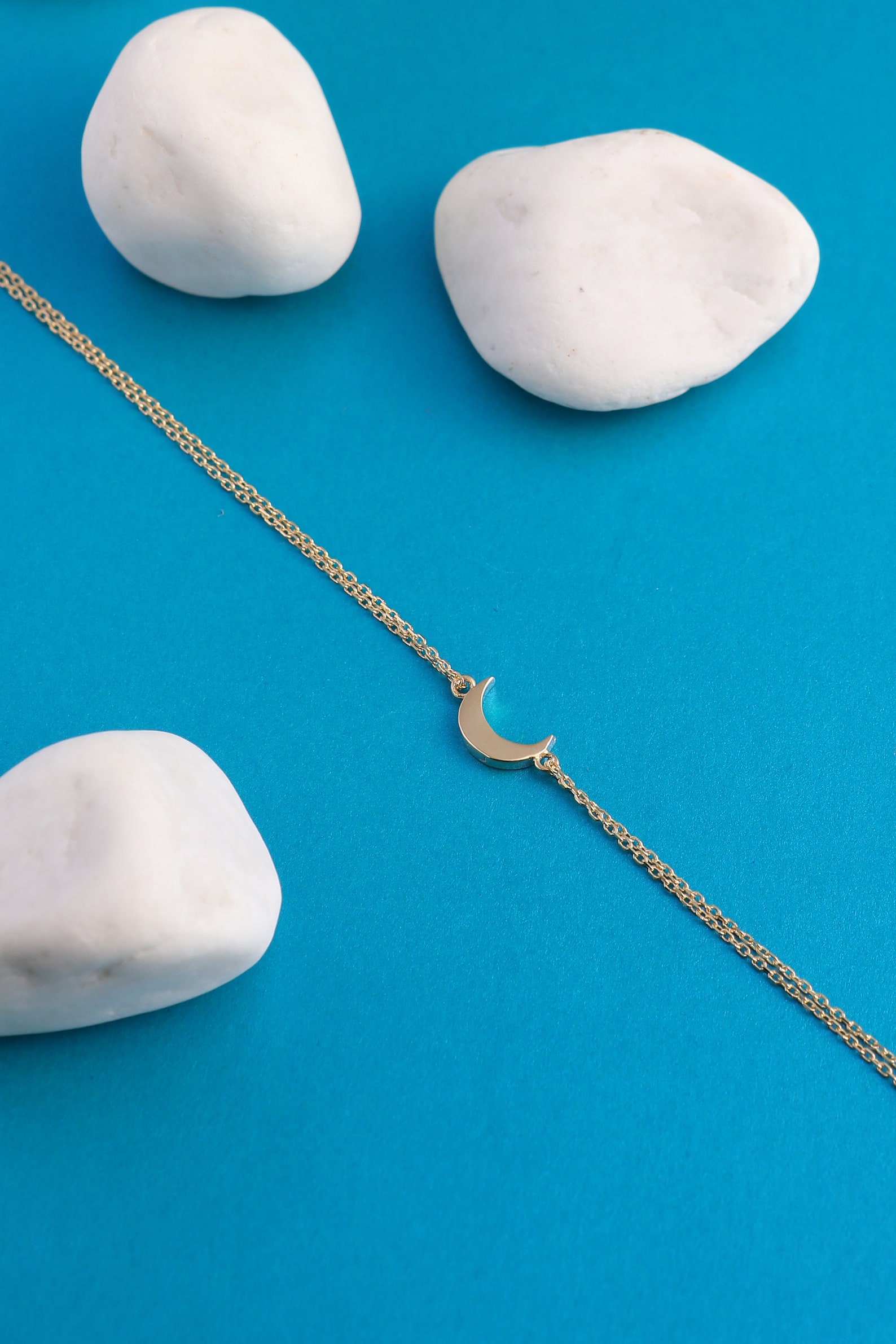 Tiny Moon Bracelet, 14K Real Gold Celestial Bracelet, Dainty Custom ...