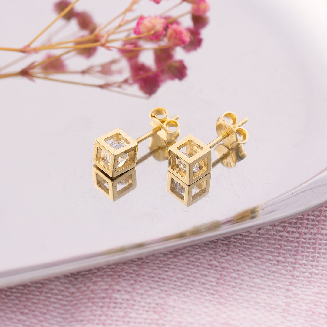 Tiny Cube Stud Earrings, 14K Solid Gold Cube Earrings, Dainty Custom Cube Earrings, Minimalist ...