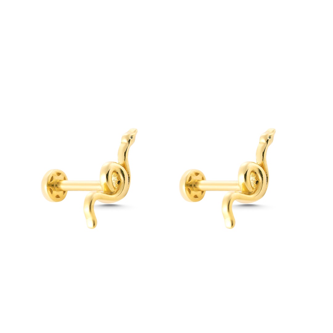 14K Gold Snake Tragus, Handmade Gold Animal Tragus, Solid 14K Gold ...