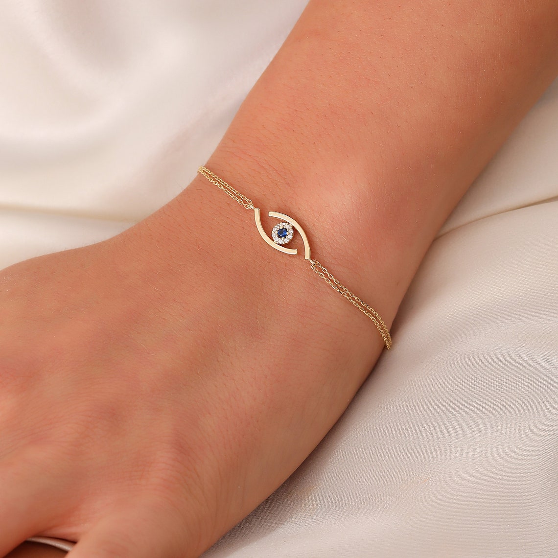 14K Gold Eye Bracelet, 14K Solid Gold Evil Eye Bracelet, Dainty Custom ...