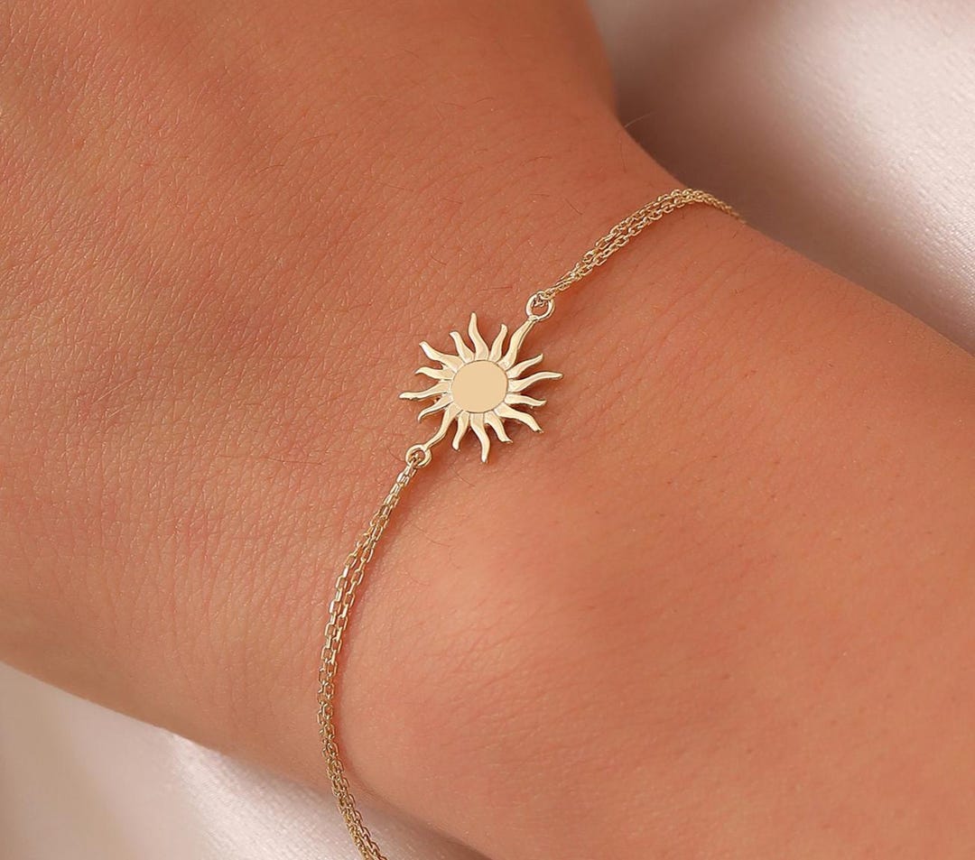 Sun Bracelet, 14K Real Gold Sun Bracelet, Dainty Initial Sun Bracelet ...