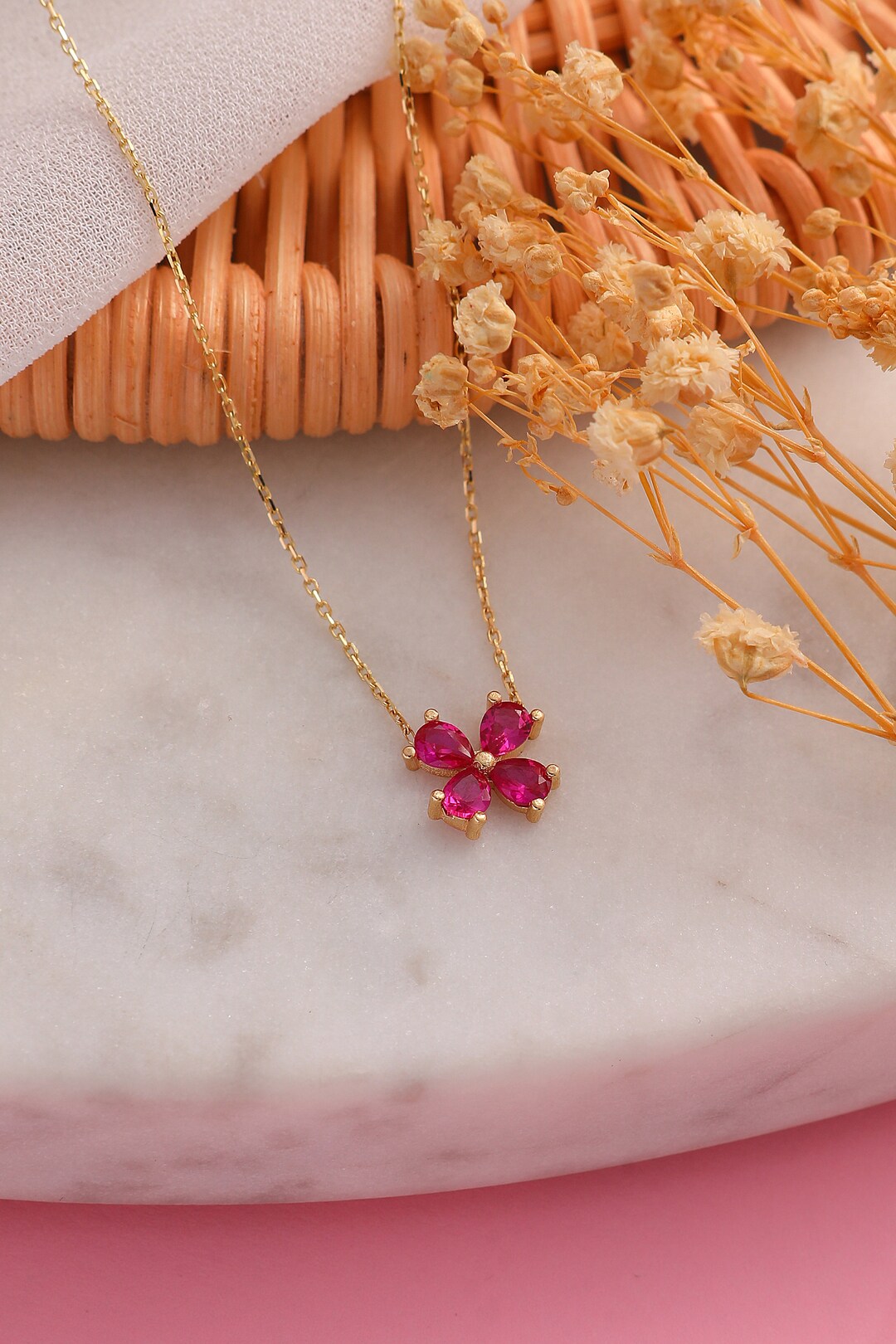 14K Gold Ruby Necklace, Minimalist Clover Ruby Necklace, 14K Solid Gold ...