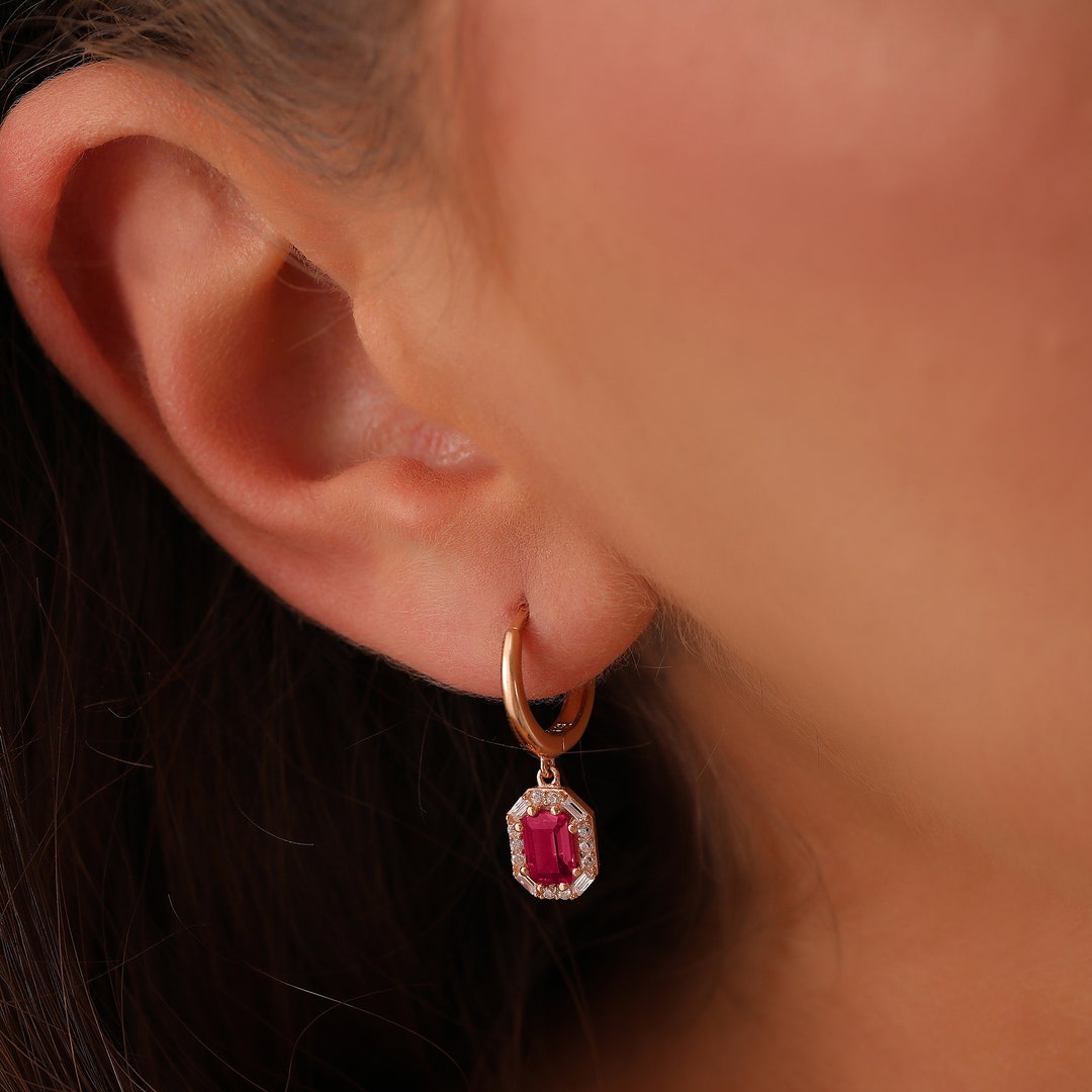 14K Gold Ruby Earrings, Solid 14K Gold Anniversary Earrings, Dainty ...