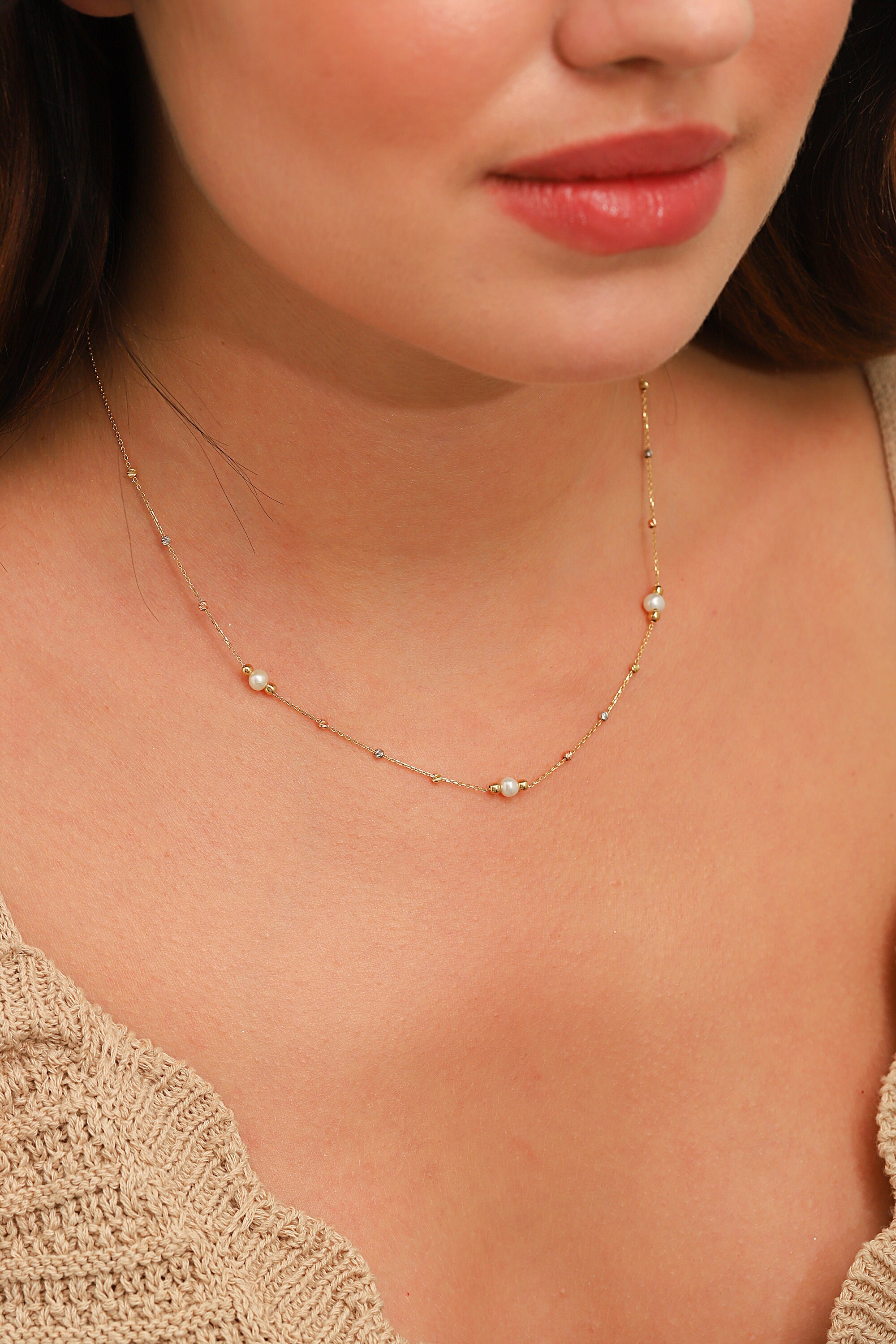 14K Pearl Ball Necklace, 14K Solid Gold Pearl Necklace, Minimalist 14K ...