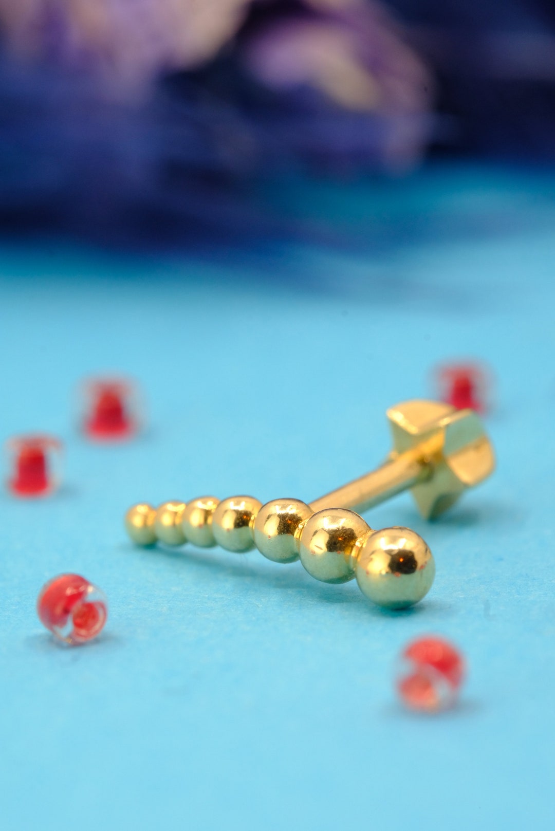 Tiny 14K Gold Ball Tragus, Handmade Gold Three Ball Tragus, 14k Solid ...