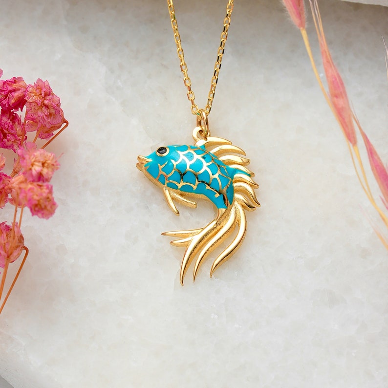 Fish Necklace, 14K Solid Gold Sea Animal Necklace, Dainty Initial Fish ...