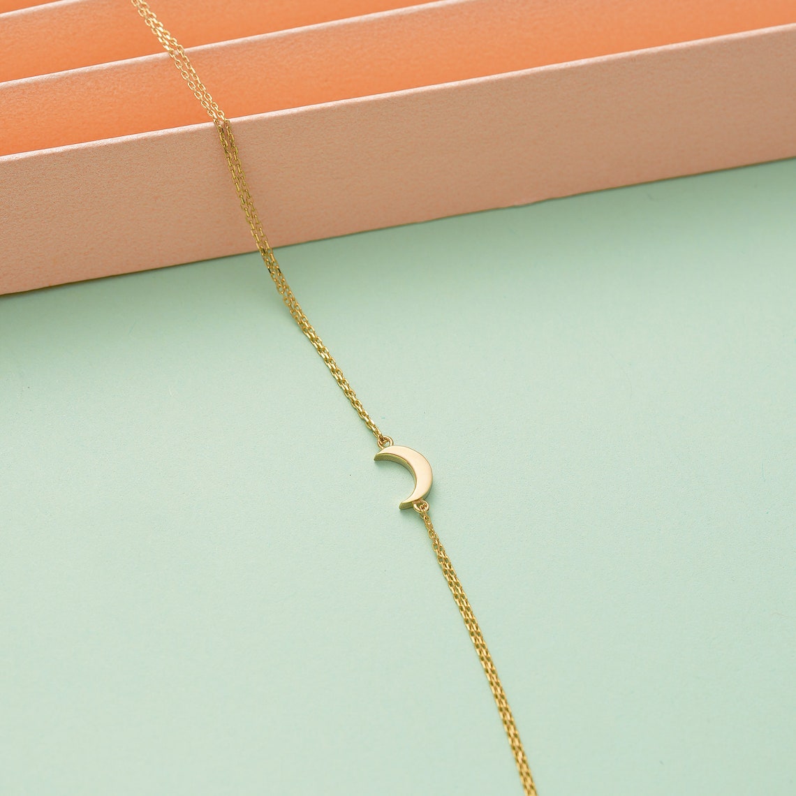 Tiny Moon Bracelet, 14K Real Gold Celestial Bracelet, Dainty Custom ...