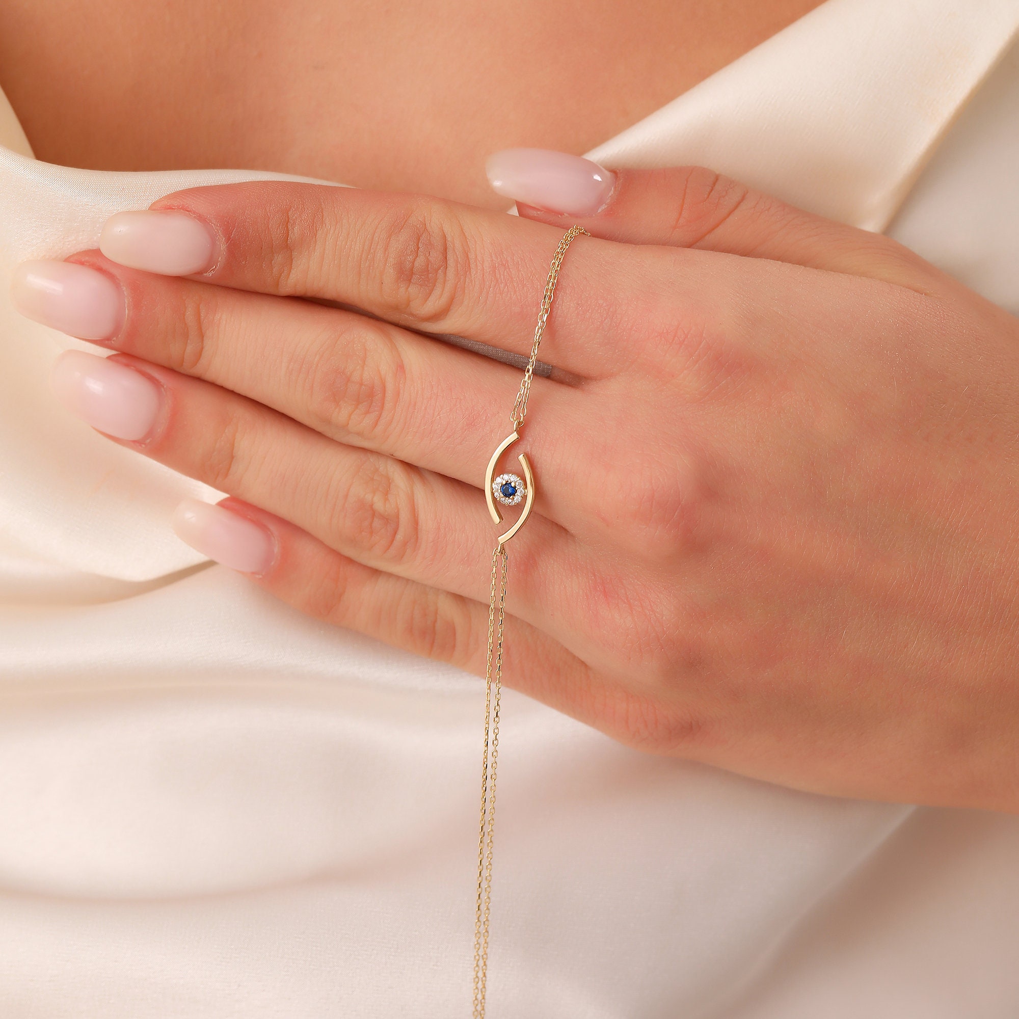 14K Gold Eye Bracelet, 14K Solid Gold Evil Eye Bracelet, Dainty Custom ...