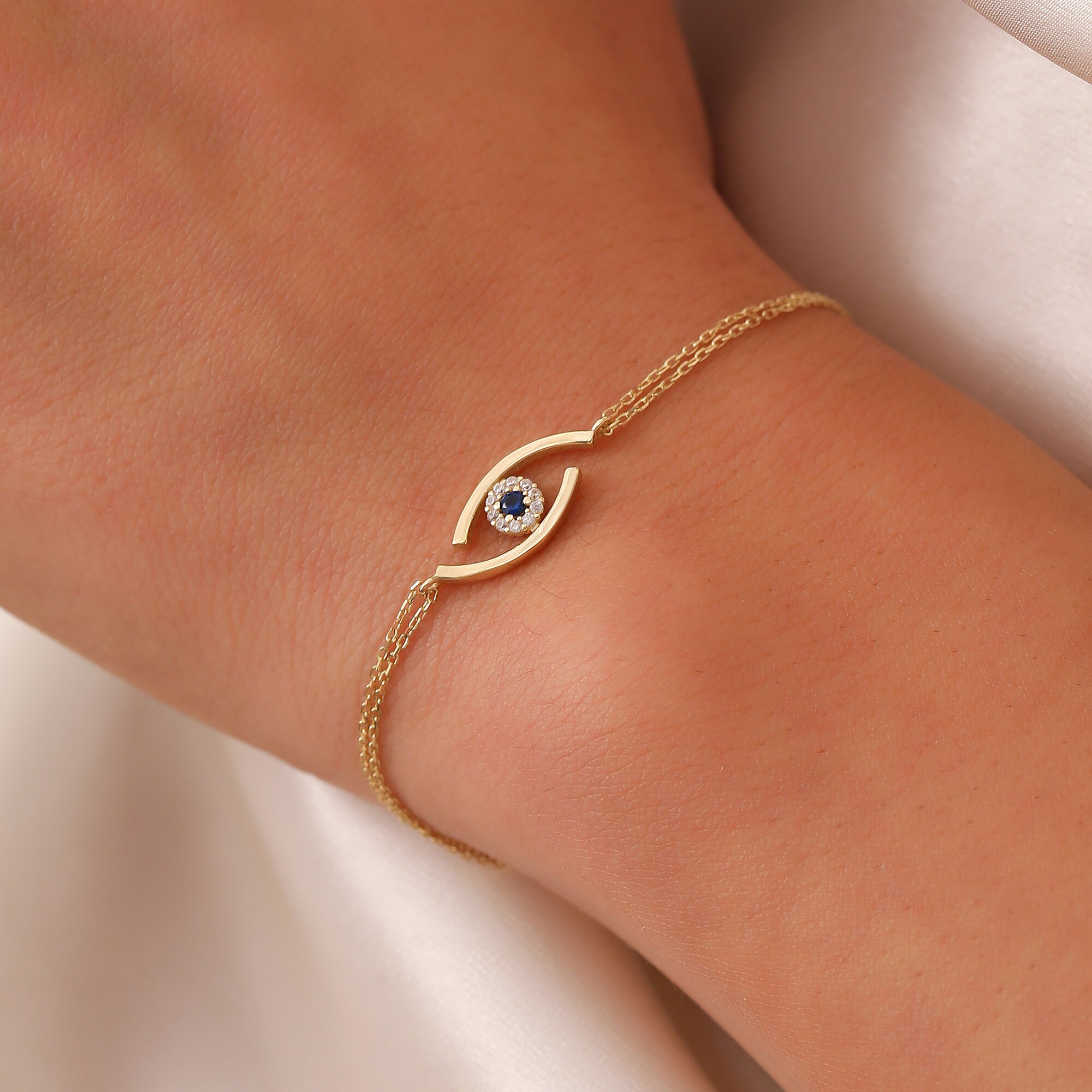 14K Gold Eye Bracelet, 14K Solid Gold Evil Eye Bracelet, Dainty Custom ...