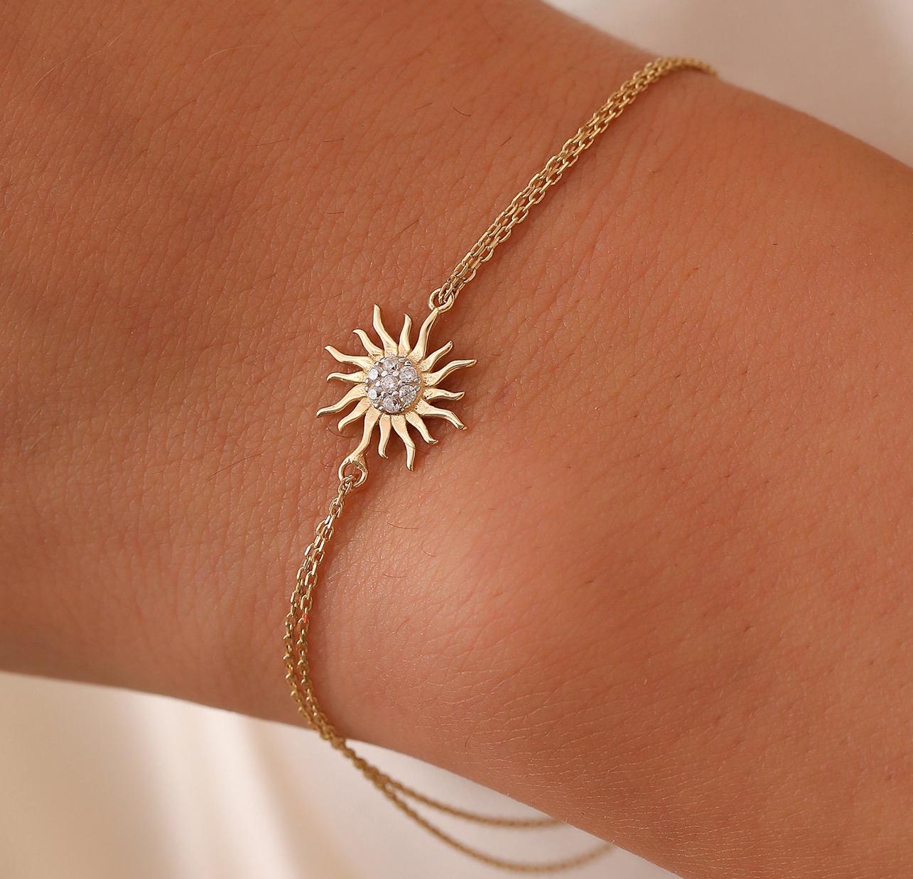 Tiny Sun Bracelet, 14K Real Gold Celestial Bracelet, Dainty Custom Sun ...