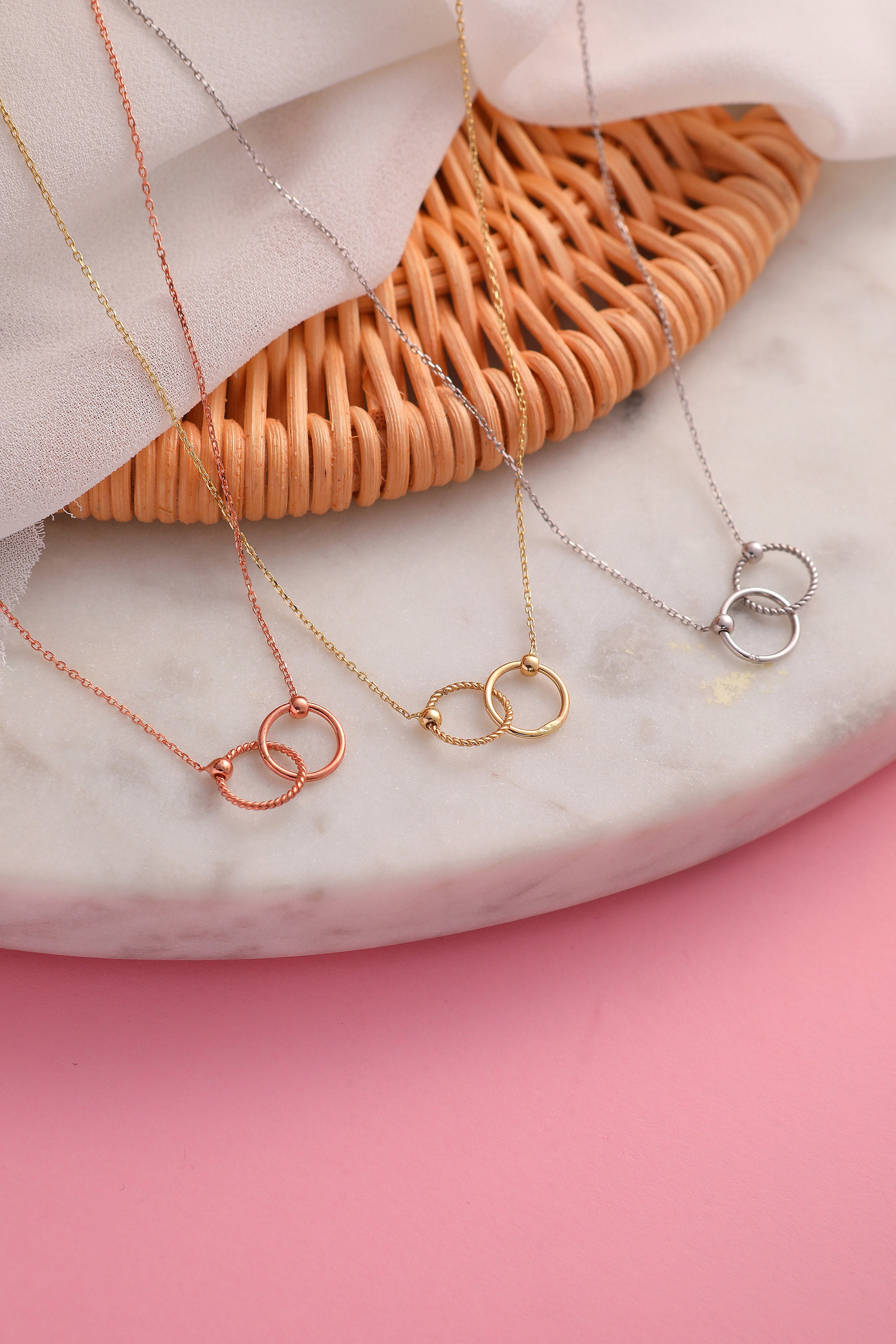 Circle Necklace, 14K Real Gold Double Circle Necklace, Minimalist ...
