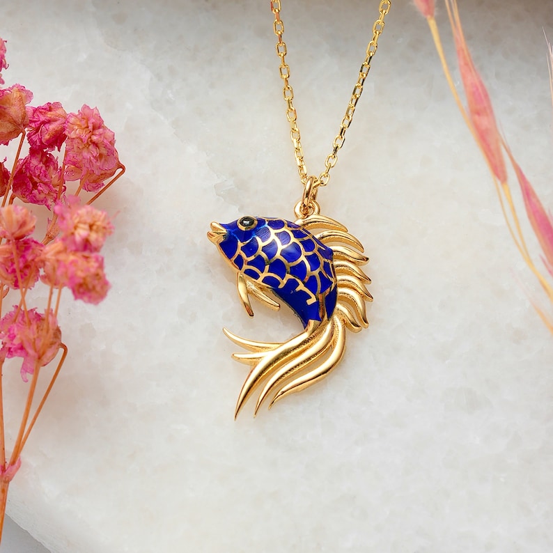 Fish Necklace, 14K Solid Gold Sea Animal Necklace, Dainty Initial Fish ...