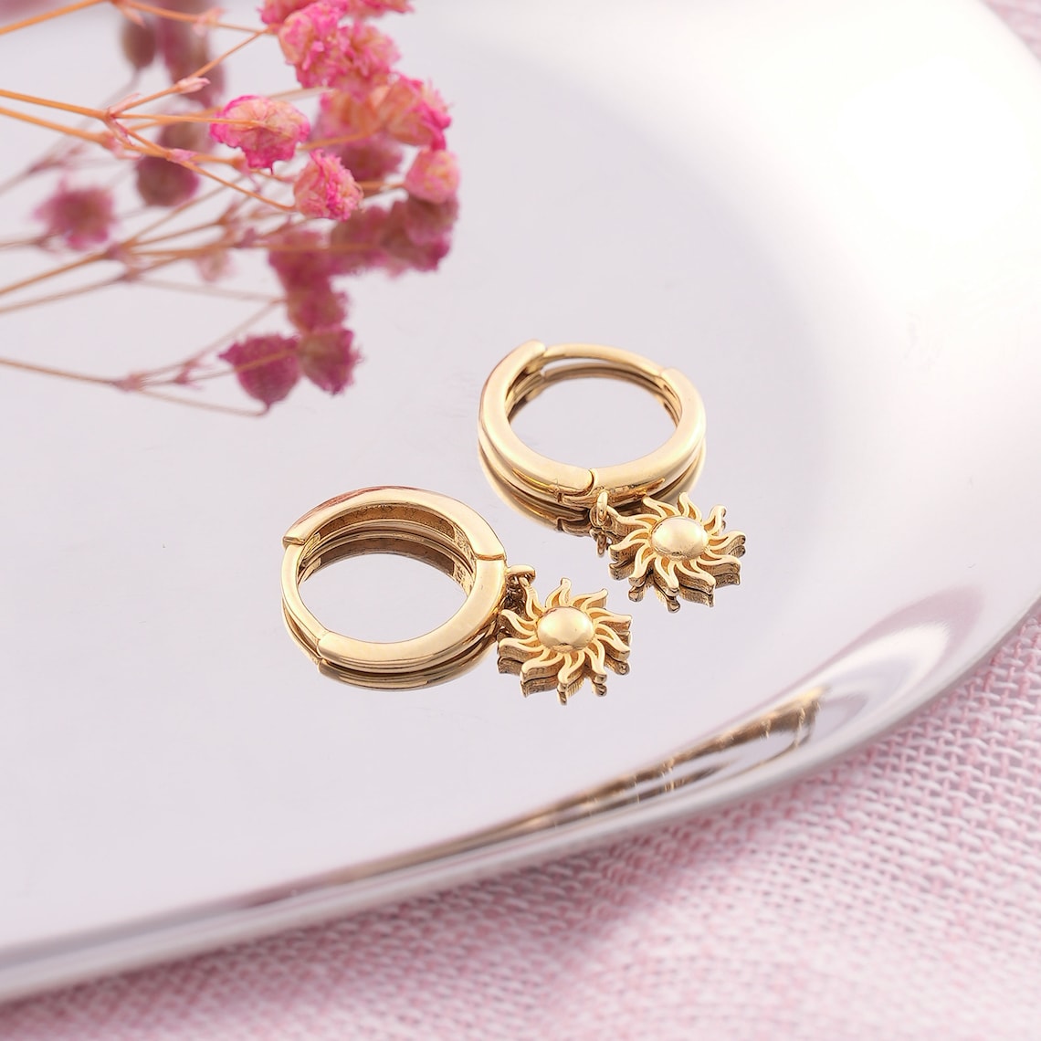 14K Gold Sun Earrings, Solid 14K Gold Celestial Earrings, Dainty Custom ...
