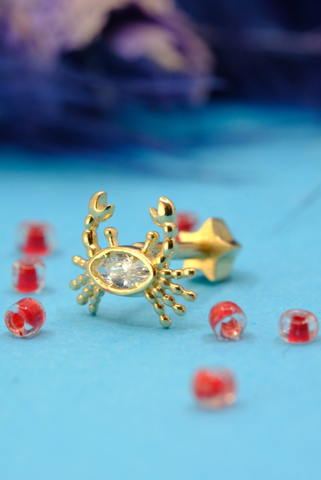 14K Gold Crab Earring, Handmade Gold Crab Tragus, 14K Solid Gold Animal ...